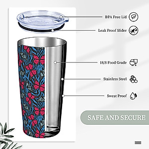 20oz Tumbler Red Butterfly Pattern Double Wall Vacuum Insulated Coffee Mug with Lid and Metal Straw Brush Reusable Stainless Steel Water Bottle Travel Cup Gifts for Car Ice Drinks Hot Beverage