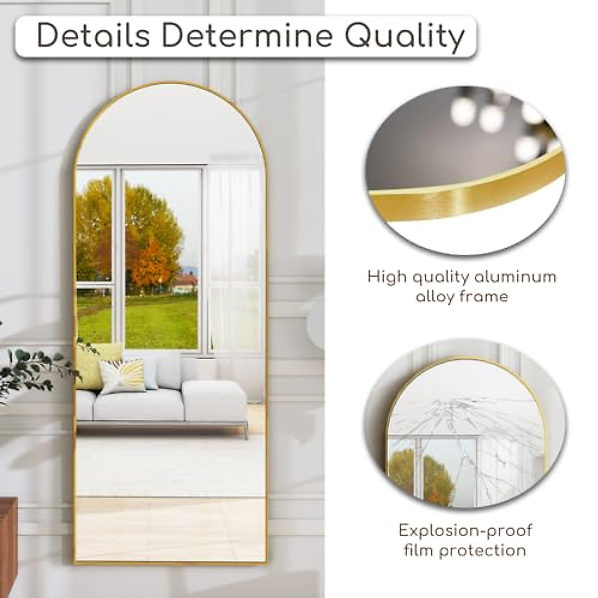 JAWGLOW Arched Full Length Mirror, 64" x 21" Free Standing Floor Mirror, Modern Full Body Mirror with Stand, Wall Mirror with Aluminum Alloy Frame for Bedroom,Living Room, Gold