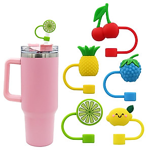 Meitesti Silicone Straw Cover for 10mm Straw Covers Cap for Stanley Cup Accessories, Cute Straw Topper for Tumblers Straw Cap Stopper for Reusable Straws Tip Lids (5pcs fruit straw cap)