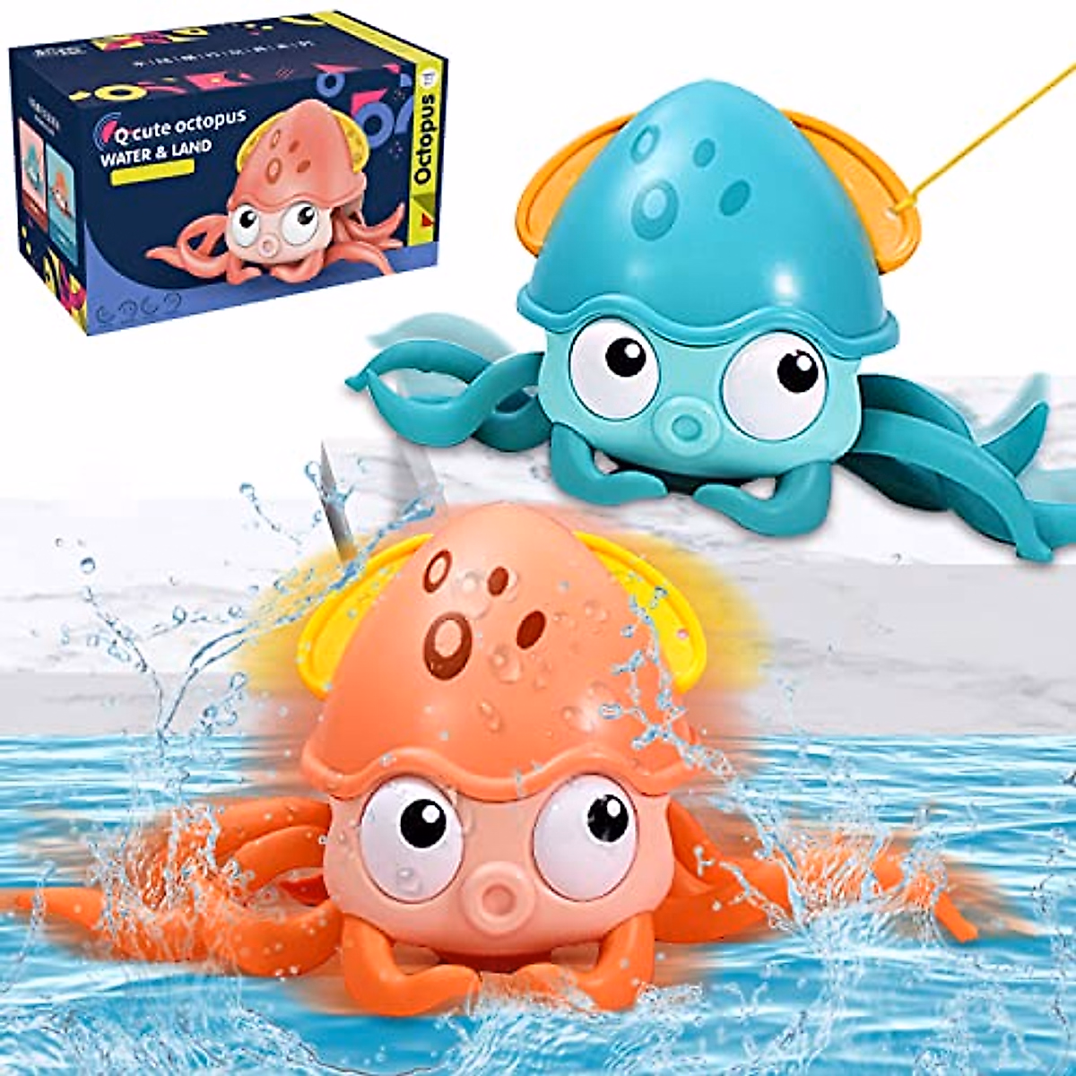 QIUXQIU Baby Bath Toys Crawling Toy Wind up Octopus Water Toy Toddlers Swimming Floating Playing Paddling Set in Bathroom Beach Pool Water Playset for Boys and Girls (Orange)