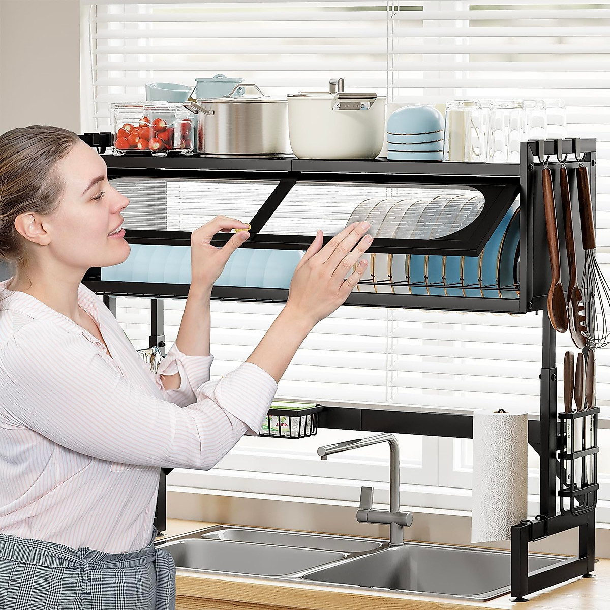 Fixwal Dish Drying Rack 3 Tier Over The Sink Dish Drying Rack for Kitchen Sink Shlef Expandable Height (Black)