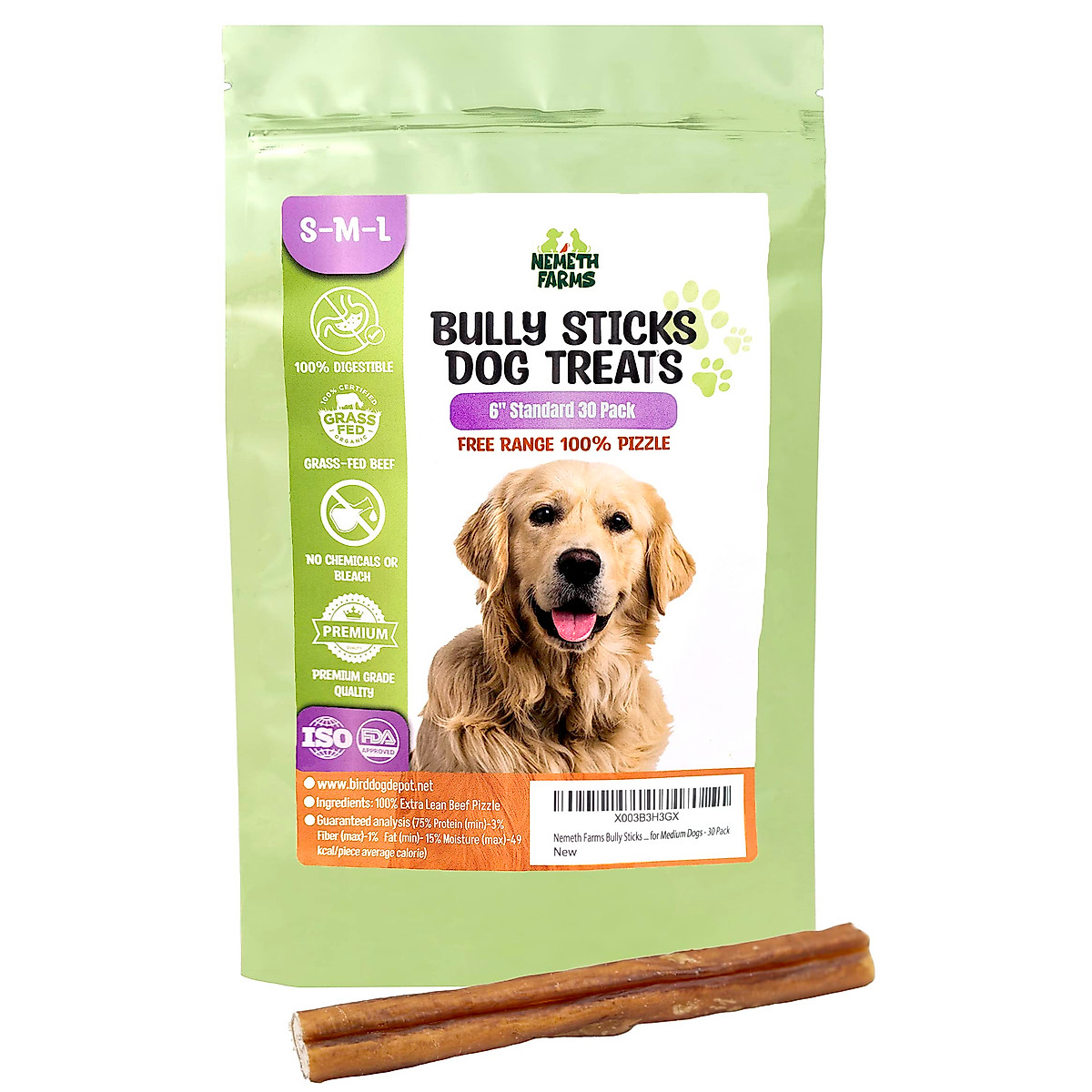 Nemeth Farms Premium European Beef Bully Sticks 6" - 100% Extra Lean Bully Bones Rawhide-Free & Odor-Free Dog Treats for Small, Medium and Large Dogs | Long Lasting Dental Dog Chews - Pack of 30