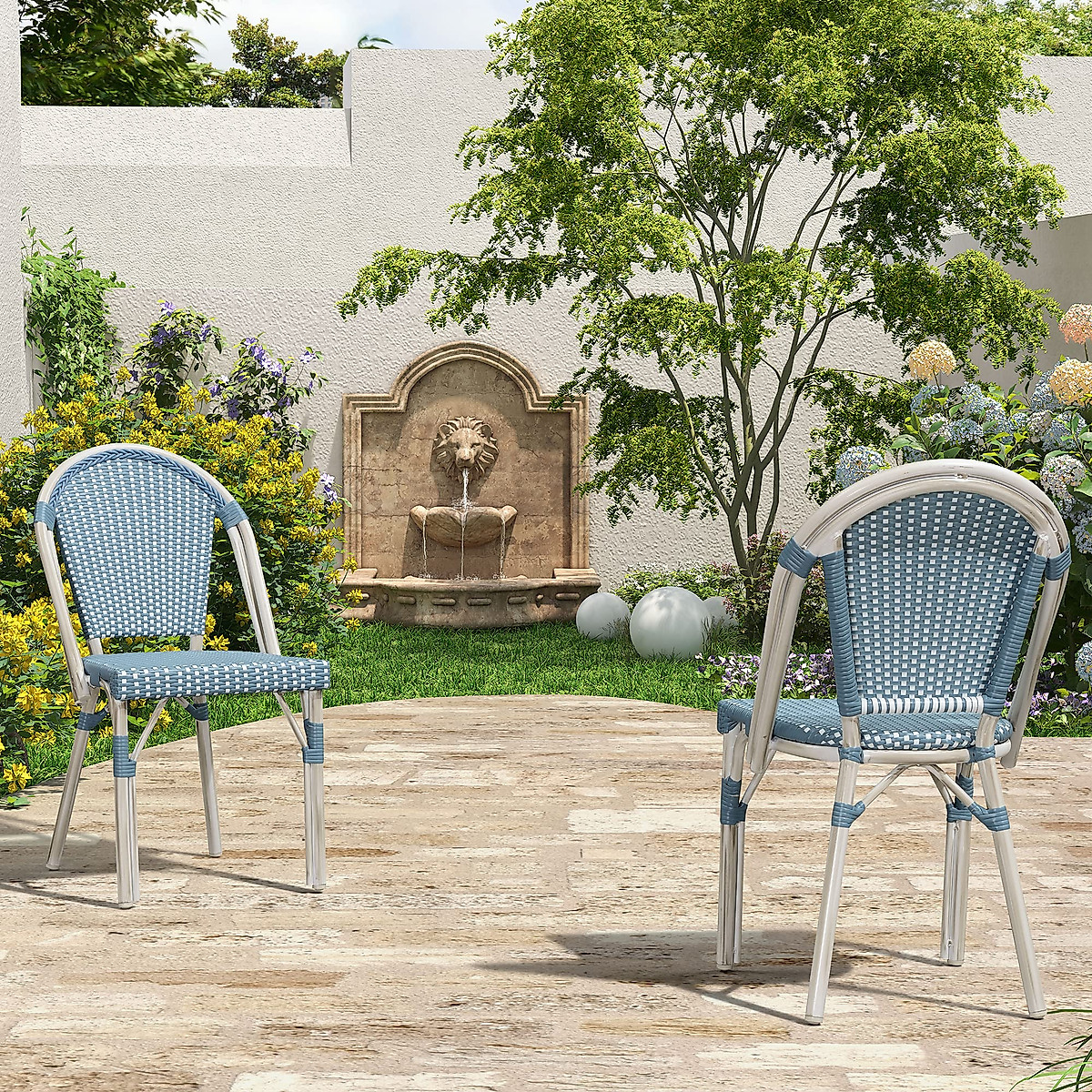 PURPLE LEAF Dining Chair Set of 2 Outdoor French Bistro Chairs Hand-Woven Aluminum Wicker Rattan Chairs for Garden Kitchen Backyard Porch White Print Finish Patio Chairs Light Blue