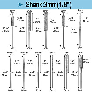 Stone Carving Set Diamond Burr Bits Compatible with Dremel, 11PCS Polishing Kits Rotary Tools Small Long Cone Accessories with 1/8’ Shank For Carving, Engraving, Grinding, Stone, Rocks, Jewelry, Glass