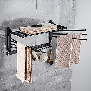 Towel Rack with 7 Towel Bar Holder Foldable Towel Shelf with Movable Hooks Wall Mounted Lavatory Towel Organizer Space Saving Towel Holder Black