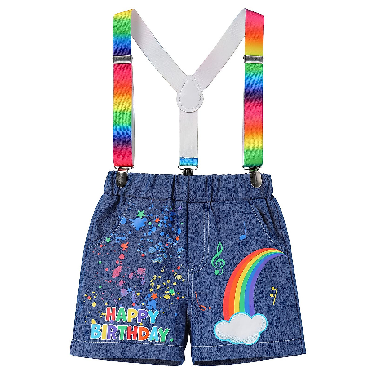 IMEKIS Watermelon 1st Birthday Outfit Baby Boy Cake Smash Romper Blue Denim Bloomers Jeans Shorts Rainbow Suspenders Photoshoot Toddler Summer Melon First Birthday Glow Party Supplies One 1 Year