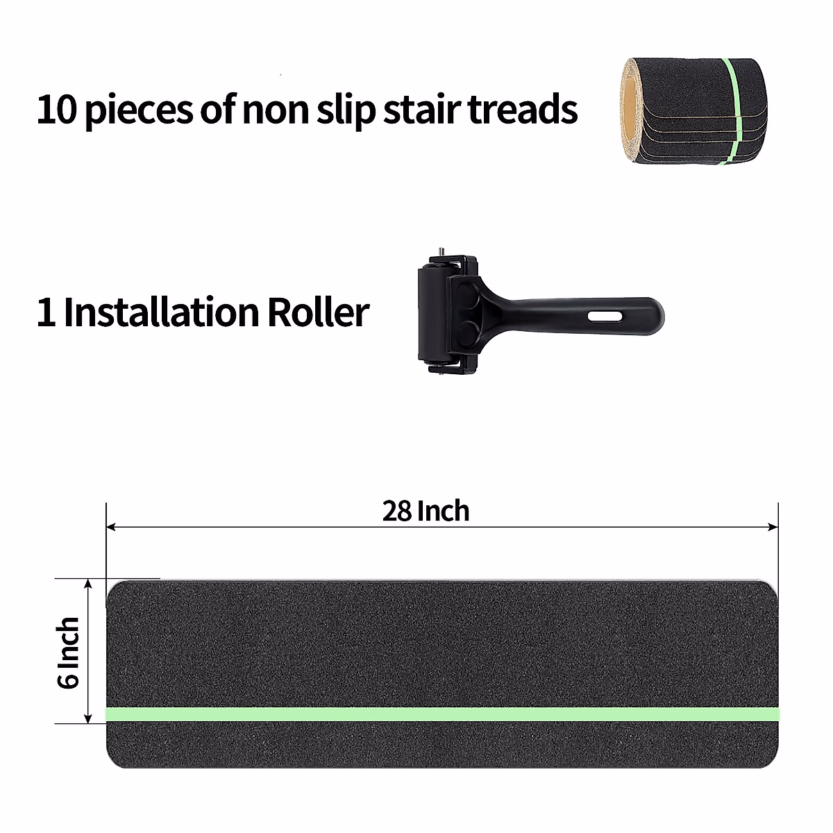 Q-Hillstar Non Slip Stair Treads with Glow in Dark Stripe (10-Pack), 6" X 28" Waterproof Non Slip Stair Tape, Outdoor Stair Treads Non-Slip, High Traction Friction Abrasive Adhesive Tape