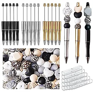 Beadable Pens Bulk Beaded Ballpoint Pens with Silicone Beads & Pen Cases, DIY Bead Pens with Assorted Beads & Pen Cover, Craft Pen Making Kit Gift (15 pieces)