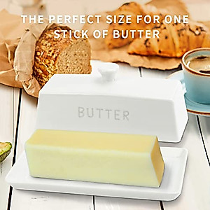 Butter Dish With Lid, WERTIOO Porcelain Butter Keeper With Handle Cover French Butter Dish Ceramic Butter Holder Container for Countertop, White