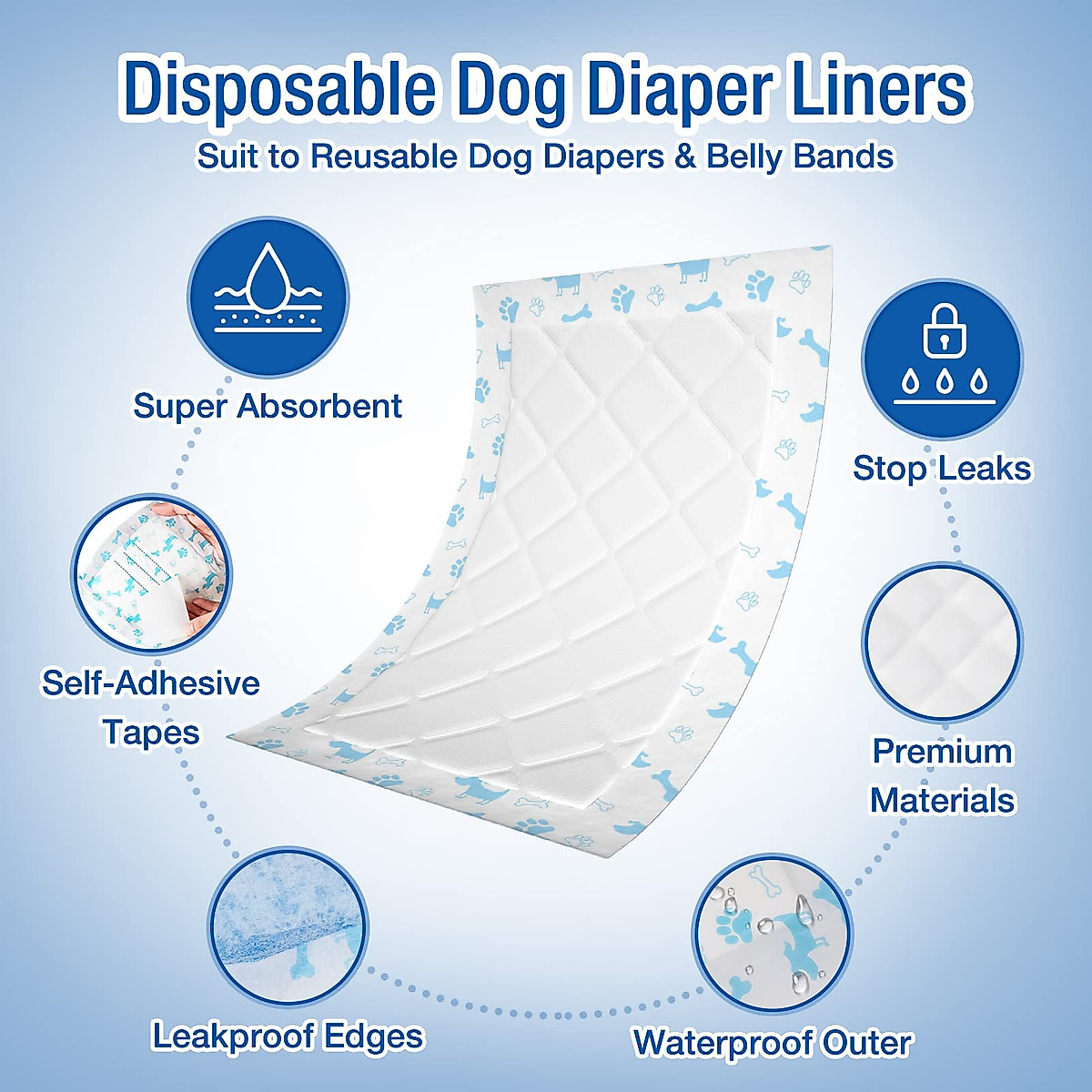 Pet Soft Disposable Dog Diaper Liners Booster Pads - Fit for Most Washable Dog Diapers & Dog Belly Bands Wraps, Ultra Absorbent for Marking, Incontinence, Female in Heat (Blue,M-50)