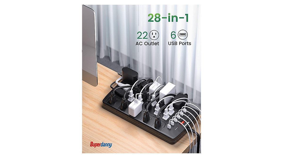 Superdanny Surge Protector Power Strip with USB - 22 Outlets & 6 USB