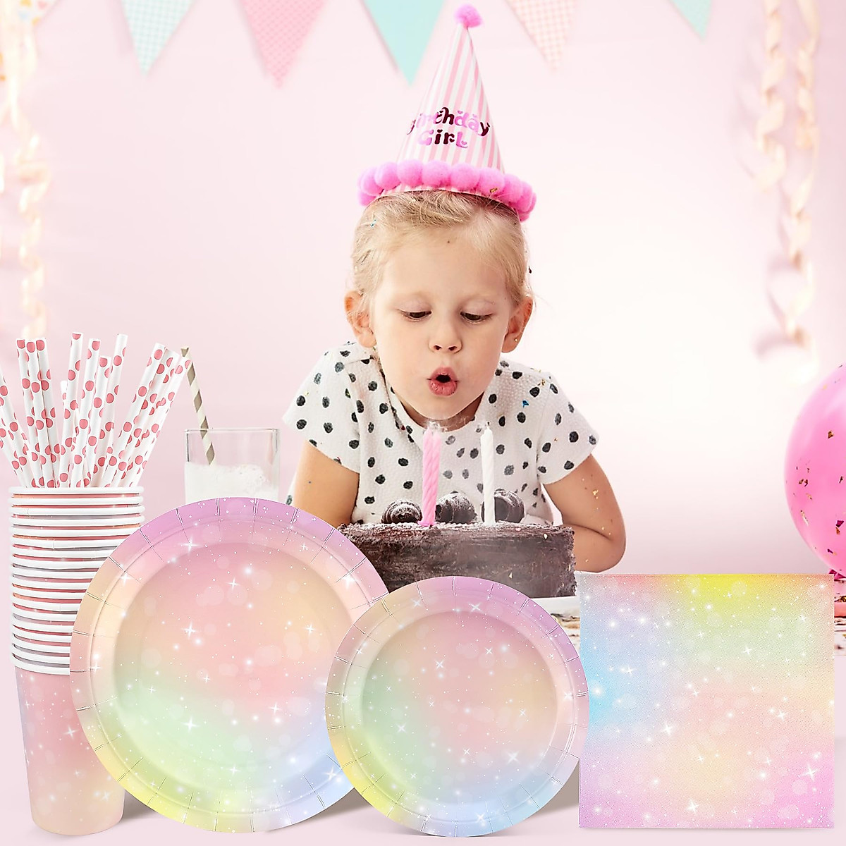 Pastel Birthday Party Supplies Decorations, Rainbow Theme Birthday Paper Plates and Napkins Set with Cups and Straws for 24 Guests, 120 Pcs Disposable Party Dessert Dinnerwares