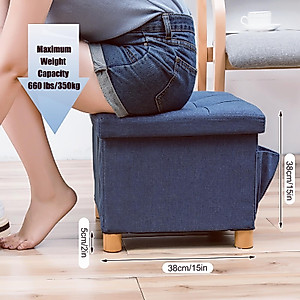 Wamnexti Denim Storage Ottoman Cube with Side Pouch, Foldable Tufted Denim Foot Rest Stool/Seat with Legs, Coffee Table Multipurpose Sofa for Living Room, Bedroom (Navy, 15'')