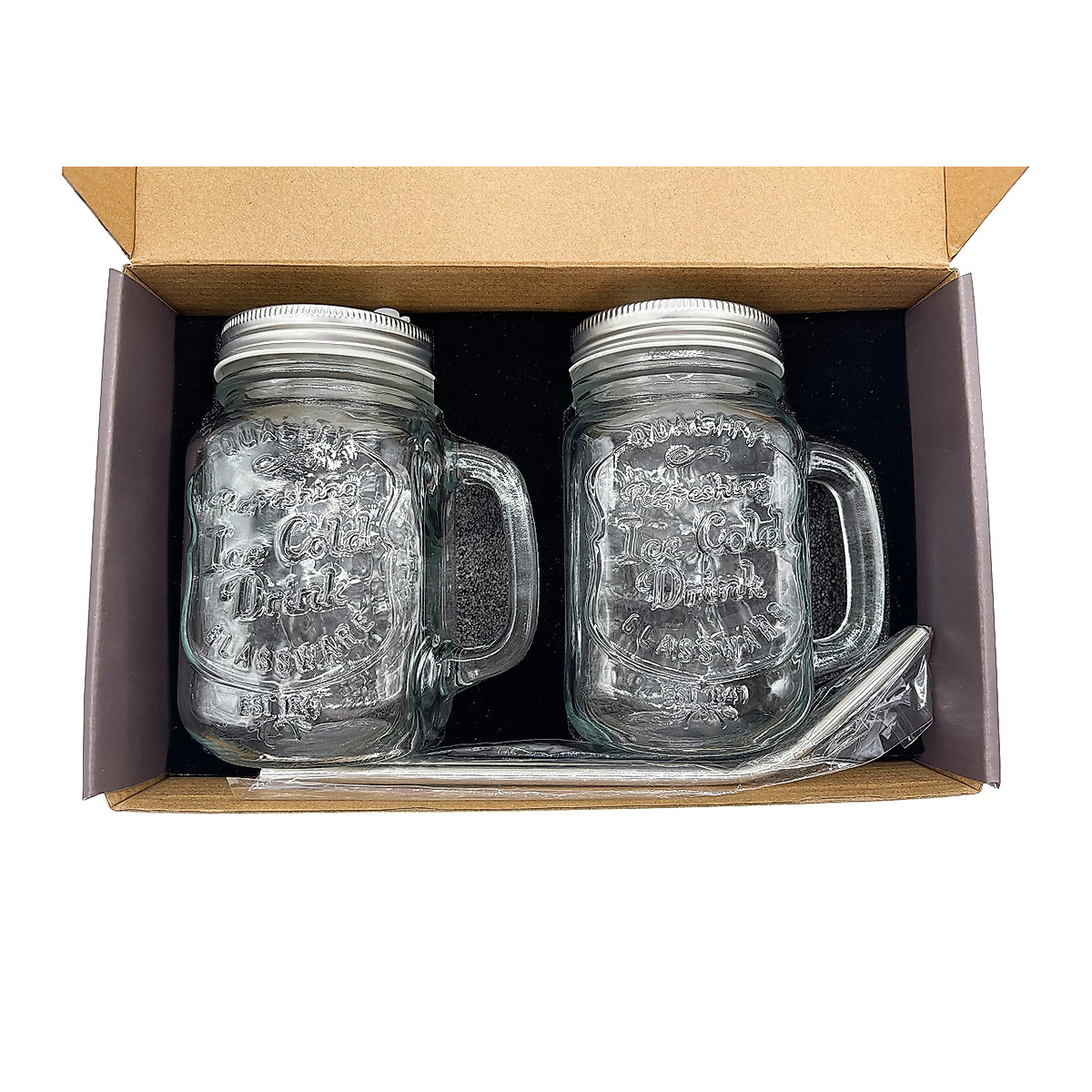 Gift Set Mason Jar Mugs with Handle, Regular Mouth Colorful Lids with 2 Reusable Stainless Steel Straw, Set of 2 (Silver), Kitchen GLASS 16 oz Jars,"Refreshing Ice Cold Drink" & Dishwasher Safe