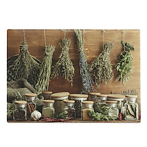 Ambesonne Spice Cutting Board, Dried Herbs and Pepper Hanging and Ingredients in Jars on a Wooden Background, Decorative Tempered Glass Cutting and Serving Board, Large Size, Multicolor