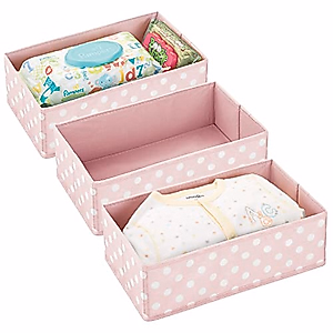 mDesign Fabric Drawer Organizer Bins, Kids/Baby Nursery Dresser, Closet, Shelf, Playroom Organization, Hold Clothes, Toys, Diapers, Bibs, Blankets, 3 Pack - Pink/White Polka Dot