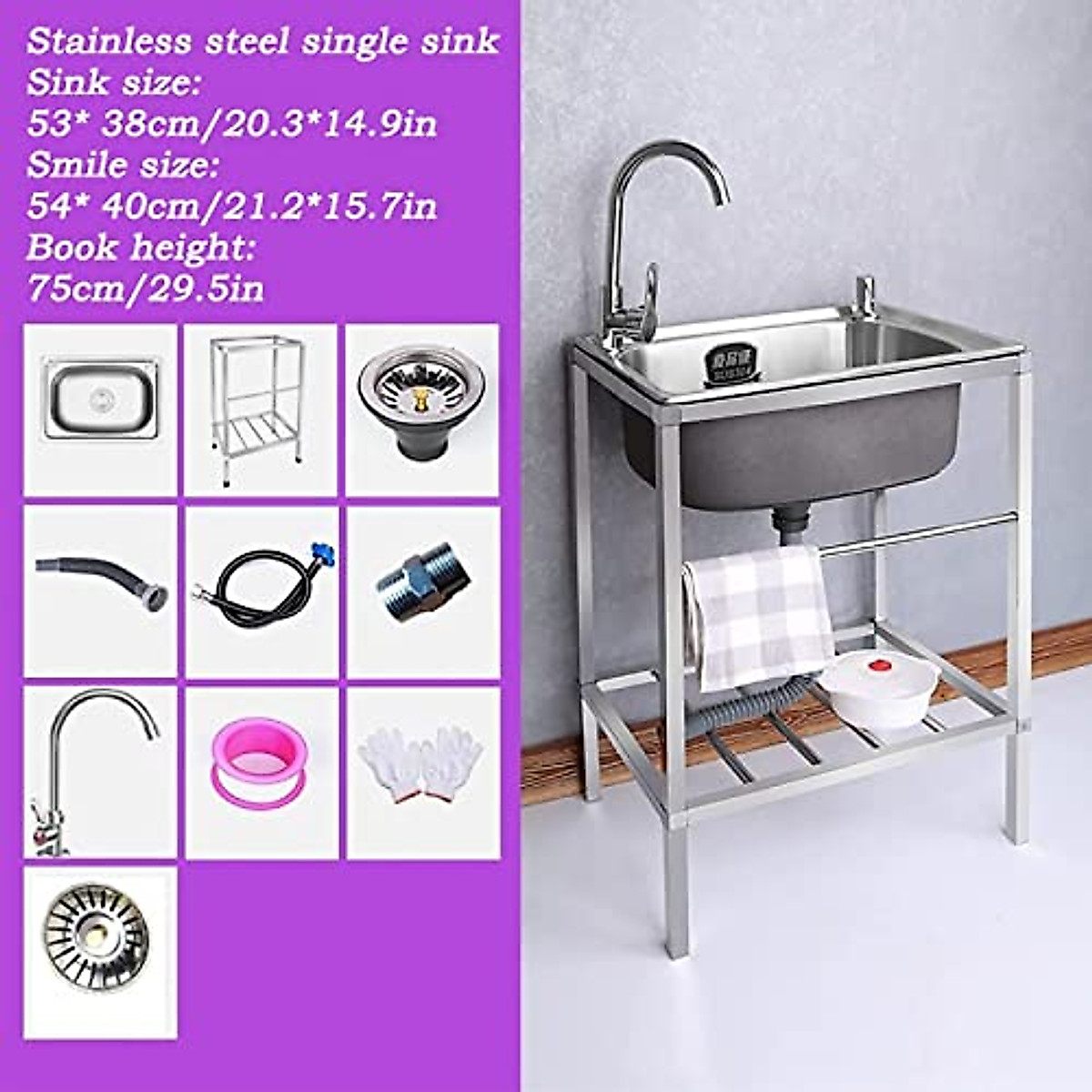 Utility Sink Free Standing Single Bowl Kitchen Sink Stainless Steel Laundry Hand Washing Sink, Portable Outdoor Camping Dish Washing Station For Garage Restaurant Room Bathroom Farmhouse ( Size : 54*4