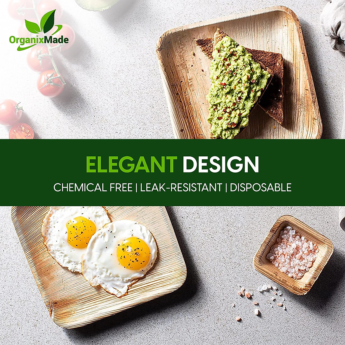 Organix Made - Disposable Palm Leaf Bamboo Plates, 6 Inch Square (50 Plates) - Appetizer and Dessert Dinnerware Plates - Biodegradable, Compostable, & Eco-Friendly Plates - Light & Sturdy