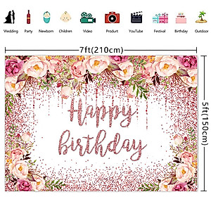 Wollmix Happy Birthday Banner Backdrop Decorations 7x5ft Party Sweet 16 Girls Women Pink Florals Glitter Rose Gold Dots Photography Background Supplies Photo Booth Studio Cake Table
