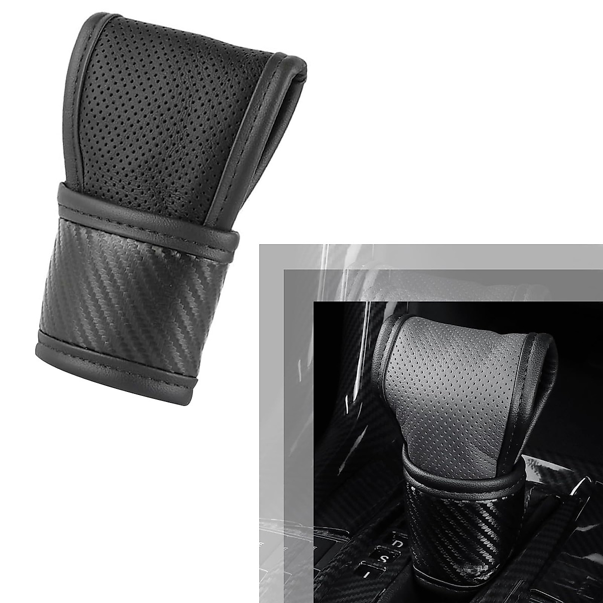 GKmow 1 PC Car Gear Shift Knob Cover, Carbon Fibre Gear Stick Protector, Leather Automobile Interior Accessories with Side Opening Design, Universal for Most Cars, SUVs and Vans (Black)