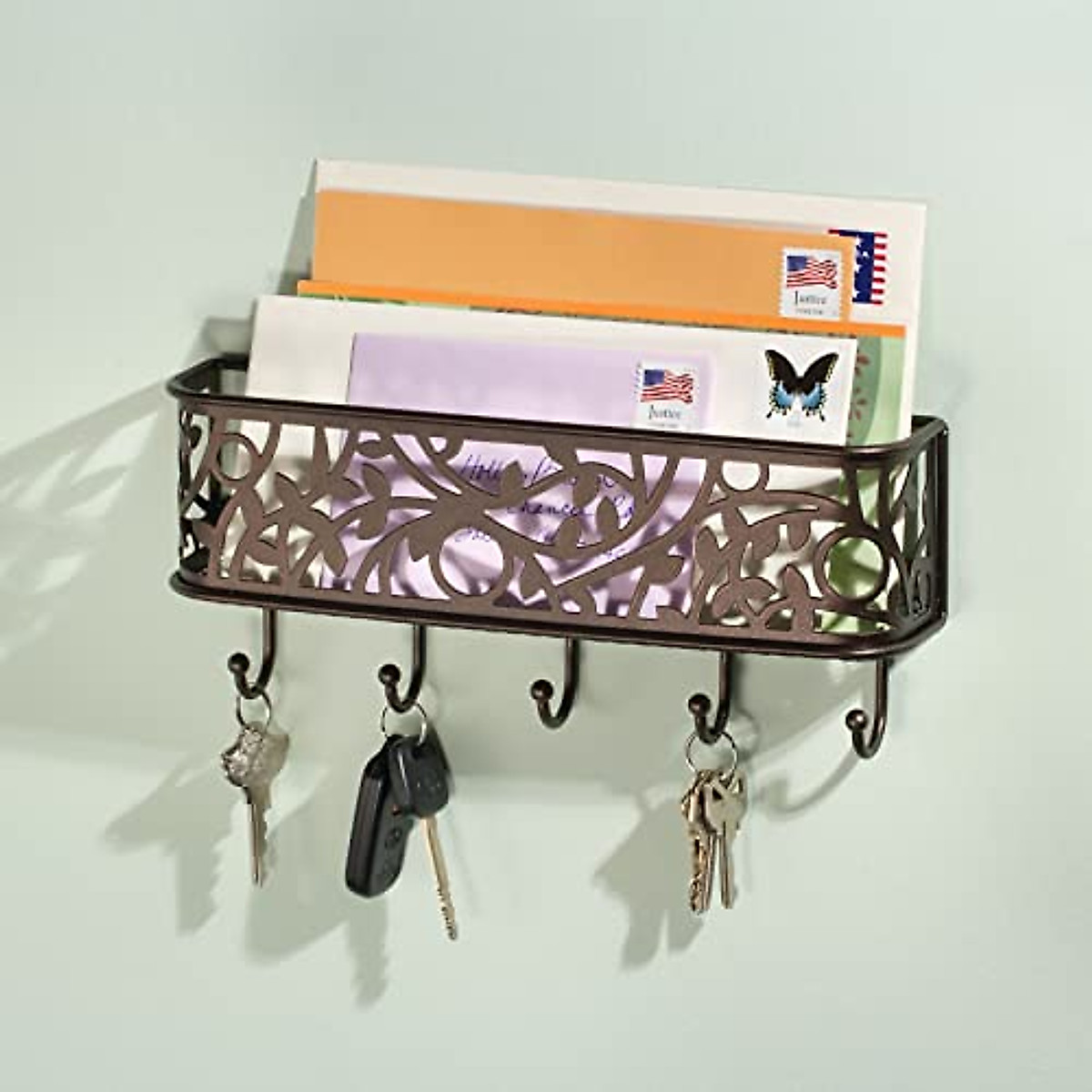 mDesign Wall Mount Metal Entryway Storage Organizer Mail Sorter Basket with 5 Hooks - Letter, Magazine, Coat, Leash and Key Holder for Entryway, Mudroom, Hallway, Kitchen, Office - Bronze