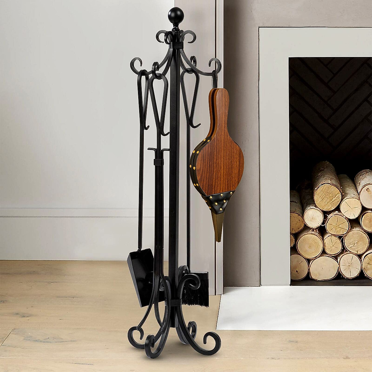 TJ.MOREE Fireplace Bellows Indoor 15.5"x 6.9" Wood Fire Blower with Hanging Strap, Metal Nozzle, Great Tool for Fireplace, Fire Pit, Wood Stove, BBQ, Outdoor Camping - Brown