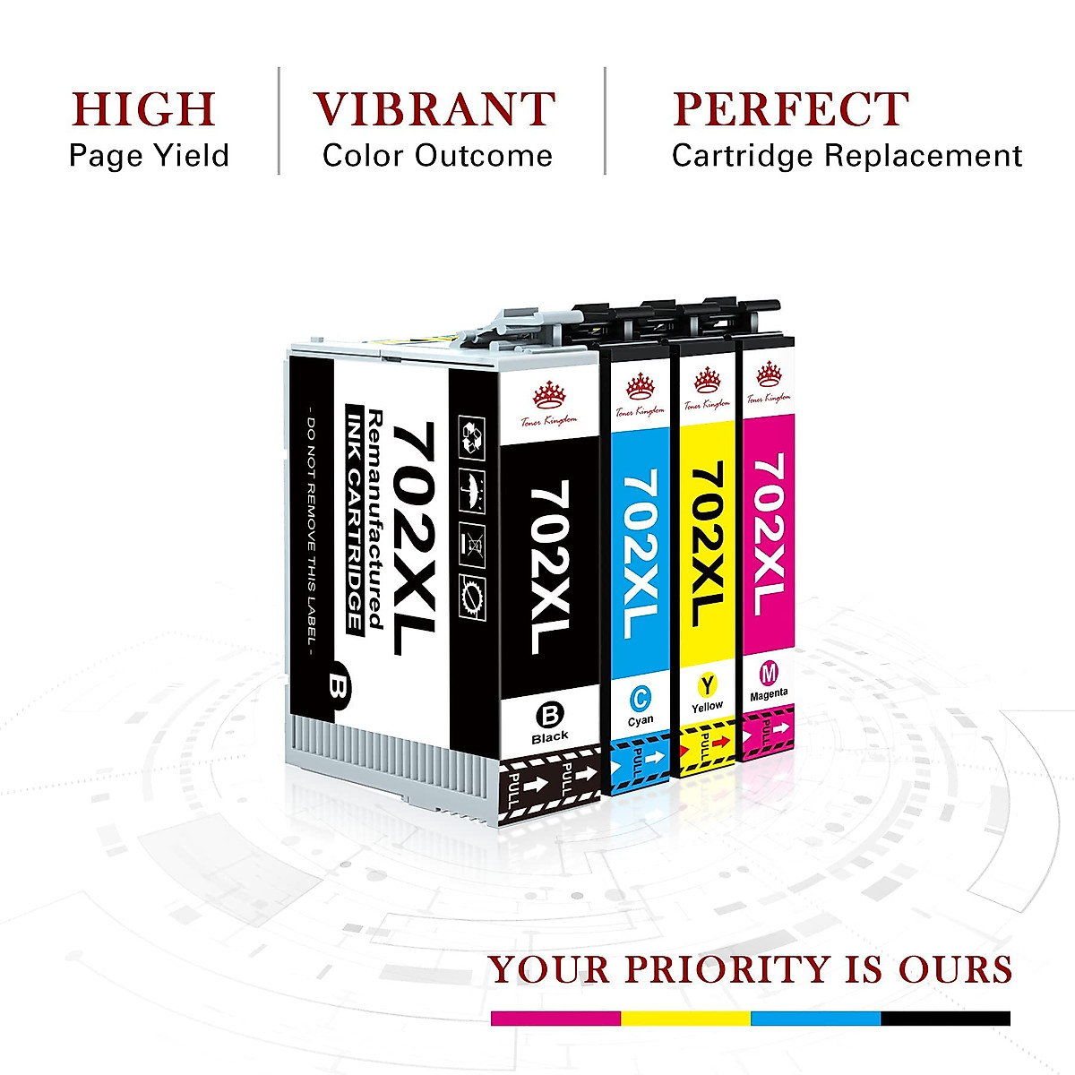 Toner Kingdom Remanufactured Ink Cartridge Replacement for Epson 702XL T702 702 Ink Cartridges Combo Pack for Workforce Pro WF-3720 WF-3730 WF-3733 Printer (Large Black, Cyan, Magenta, Yellow, 4-Pack)