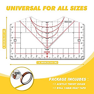 Tshirt Ruler Guide for Vinyl Alignment,T Shirt Ruler to Center Design,Tshirt Measurement Tool with Heat Tape ,Sublimation,Heat Transfer,Acrylic Ruler for All Size,Heat Press Accessories
