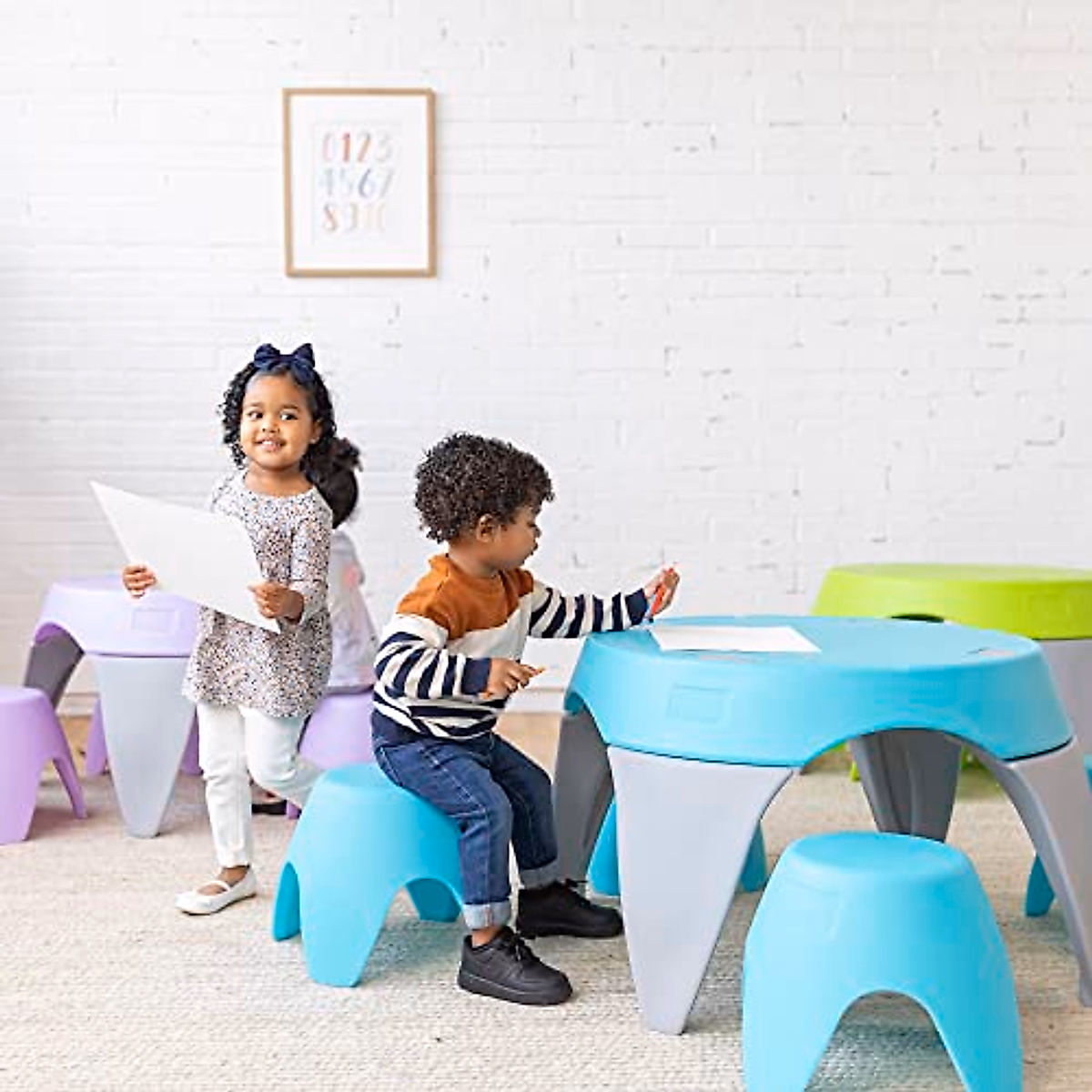ECR4Kids Ayana Table and Stool Set, Kids Furniture, Cyan/Light Grey, 5-Piece