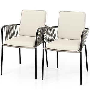 DWVO Patio Chairs Outdoor Dining Sets with Arms and Seat Cushions, Rope & Rattan Patio Chairs Set of 2 Perfect for Garden Porch Backyard Poolside Balcony, Grey