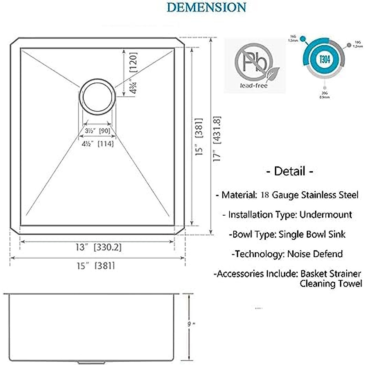 Hotis Bar Sink Undermount, Small Kitchen Sink, Black Bar Sink, Rv Otdoor Stainless Steel Wet Bar Prep Sink, 15 X 17 Inch Single Bowl