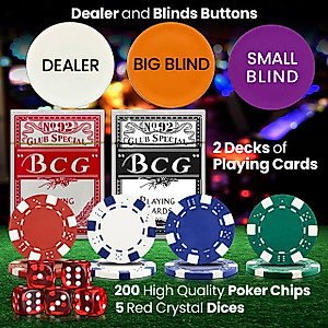 SereneLife Poker Chip Set for Texas Holdem, Blackjack Gambling- 11.5 Gram Casino Chips Set W/Aluminum Case, Playing Cards, Button, Dice- 200 PCS (Silver)