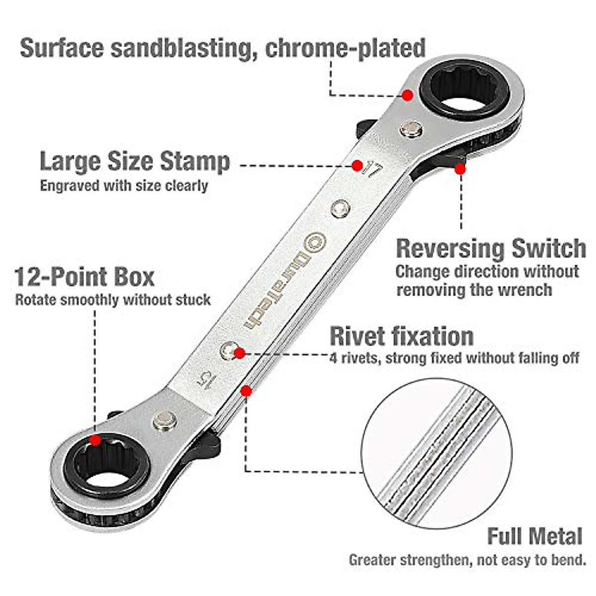 DURATECH 5 Pc Double Offset Box End Reversible Ratcheting Wrench Set Metric, Heavy-duty, Matte Chrome Plated, Ratchet Spanner Crooked for Narrow Spaces (6x8mm, 10x12mm, 13x14mm, 15x17mm, 19x21mm)