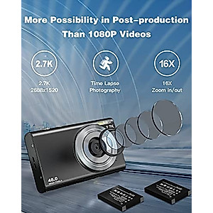Digital Cameras for Photography Digital Camera Autofocus, 2.7K 48MP Teenager Camera with 2.8" Large Screen, 16X Zoom and 32GB Card, Compact Camera Take Macro Photos, Stylish Portable Camera for Teens