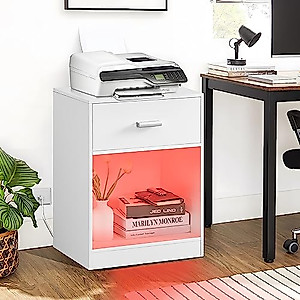 Quimoo Nightstand Set of 2, Night Stand with Charging Station and LED Light, Bedside Table with 1 Drawer, Modern Nightstand with 1 Open Storage Storage for Living Room,White