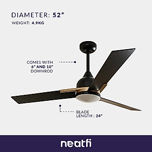 Neatfi 52-Inch Ceiling Fans with Lights & Remote Control, 6 Speed, 3 Reversible Wood Blades Downrod Ceiling Fan with 3 Light Colors for Bedroom, Living Room & Patio (Black, 52 Inches)