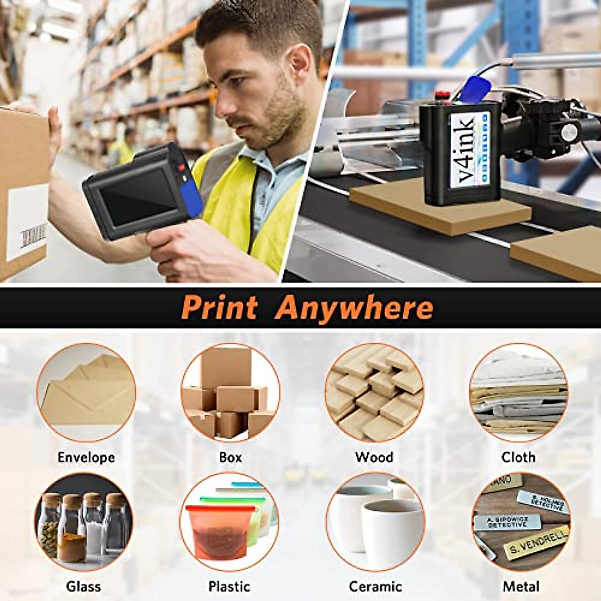 v4ink BENTSAI Portable Handheld Inkjet Printer BT-HH6105B3 with 4.3 Inch LED Touch Screen Quick-Drying Coding Machine Print Height 0.09-0.5’’ for Variable Barcode QRCode Text Date Logo Picture