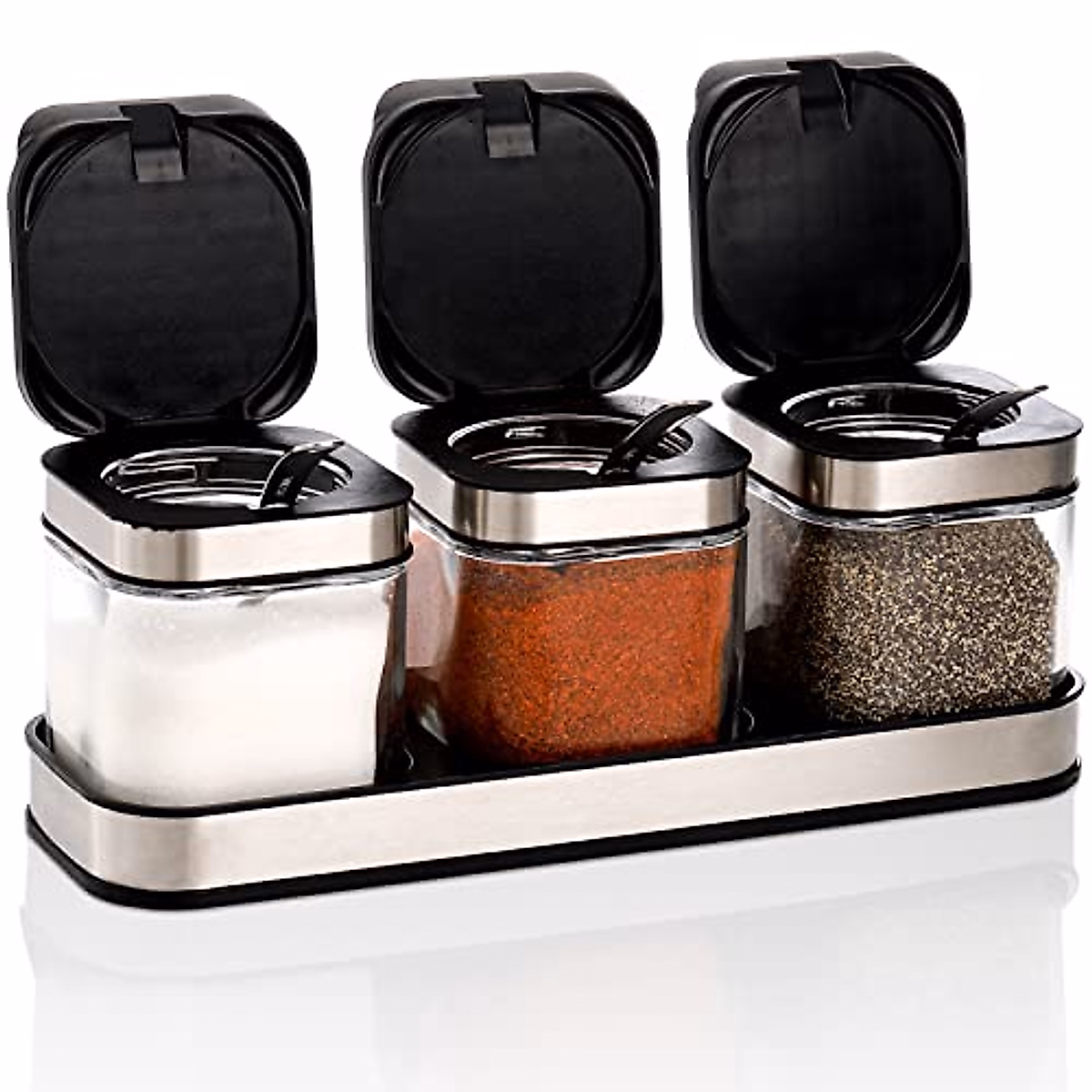 DEAYOU 3 Pack Glass Seasoning Box with Tray, Clear Condiment Canister with 18/10 Stainless Steel Lid and Spoon, Kitchen Spice Pot with Base, Salt Pepper Sugar Storage Container Jar Cruet for Desk