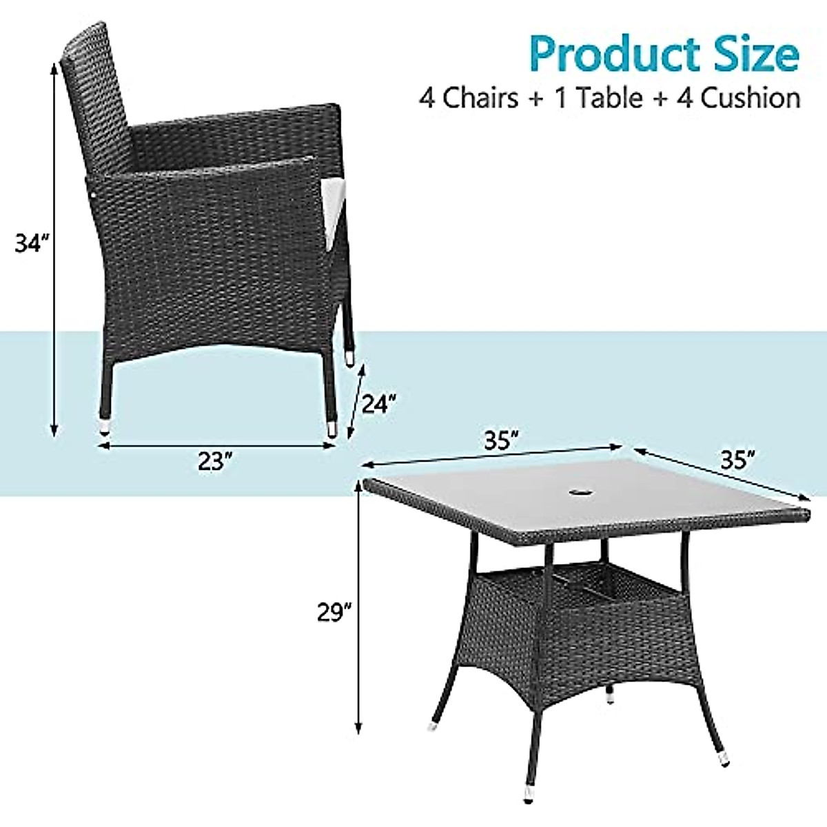 Odoor Direct 5 Piece Patio Dining Set, Patio Table and Chairs Set for 4, Wicker Outdoor Furniture, Square Tempered Glass Tabletop with Umbrella Hole, for Balcony, Backyard, Front Porch,Grey
