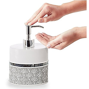 Creative Scents 4 Piece Bathroom Accessory Set - Bathroom Decor Set Accessories Includes: Liquid Soap Dispenser, Bar Soap Dish, Toothbrush Holder and Tumbler - Mirror Damask Style (White and Gray)