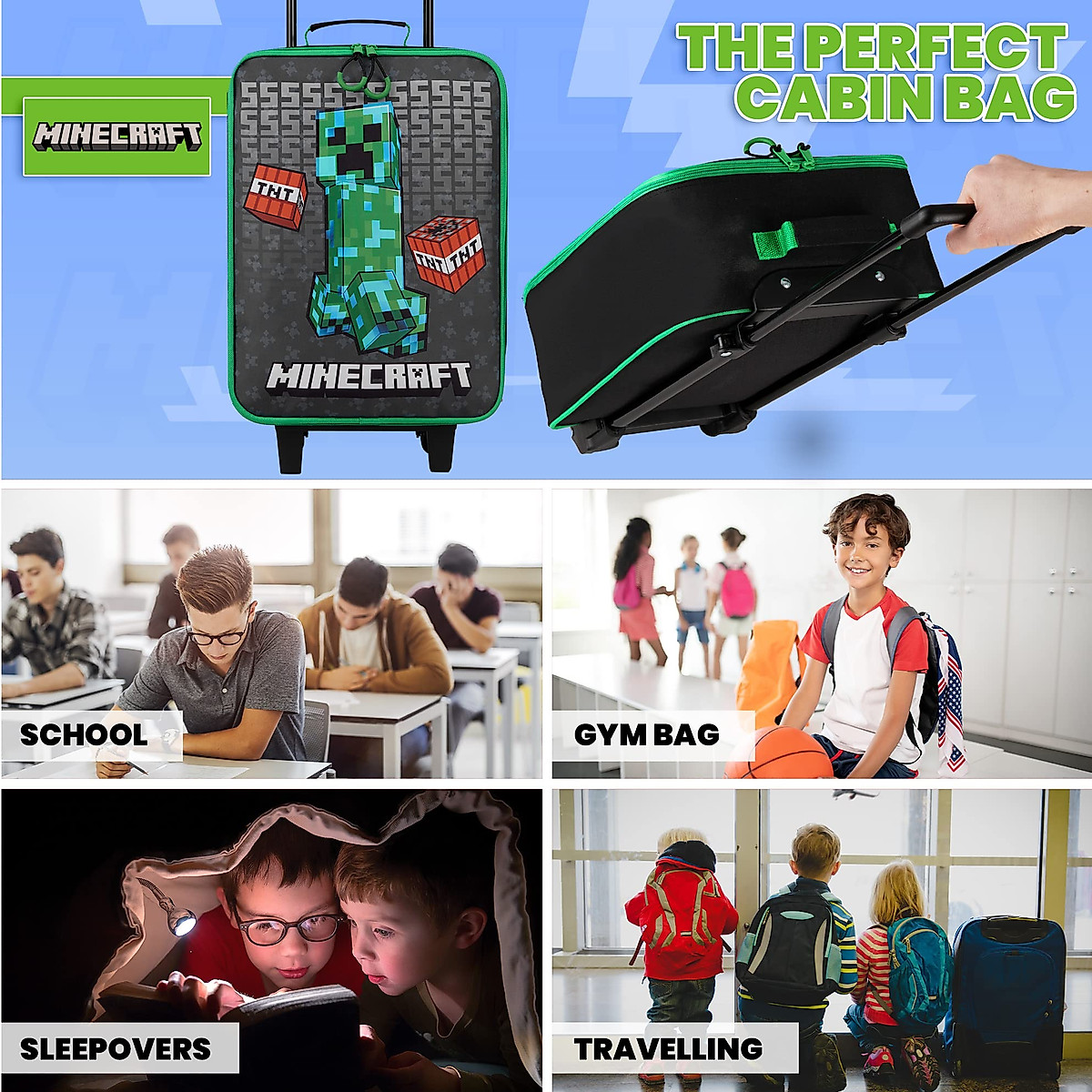 Minecraft Kids Luggage with Wheels Foldable Rolling Suitcase Creeper Travel Bag Vacation Weekend Trips Travel Essentials (18.11x11.81x7.08inch, Black)