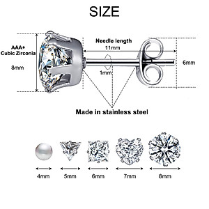 Stainless Steel Stud Earrings for Women 25-50 Pairs Mens Surgical Steel Earrings Hypoallergenic Cubic Zirconia Earring 4-8 mm (Silver)