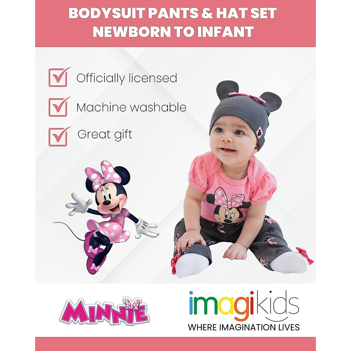 Disney Minnie Mouse Newborn Baby Girls Bodysuit Pants and Hat 3 Piece Outfit Set 3-6 Months