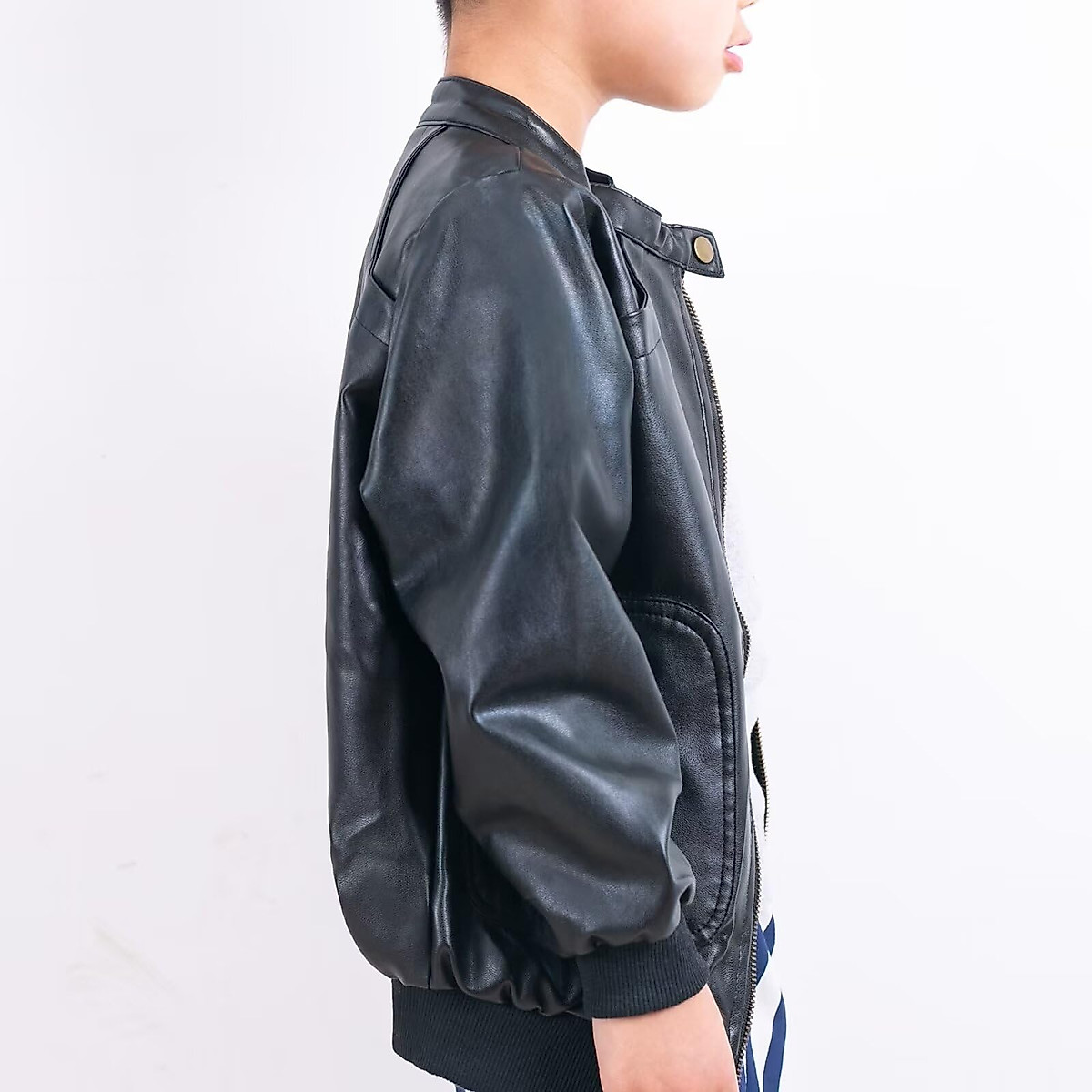 Chinaface Boy's Trendy Stand-Collar PU Leather Spring Moto Jacket Black-Large (Tag140, 9/10T)