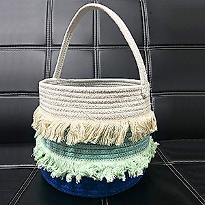 Rope Easter Basket for Kids - Easter Rope Basket with Tassel Encircled, Easter Blues Boys Basket, 9.5"D × 8"H Size, Design by QLTLQS-1986 (Blue)