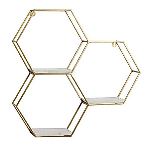 Deco 79 Marble Hexagon 3 Marble Shelves Wall Shelf, 24" x 6" x 24", Gold