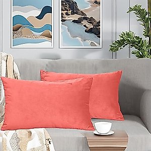FULDGAENR Velvet Pillow Covers 12x20 Set of 2 for Couch Sofa, Coral Red Cozy Decorative Throw Pillow Covers Sham Lumbar 12 x 20 Inch Soft Solid Cushion Covers for Home Decor