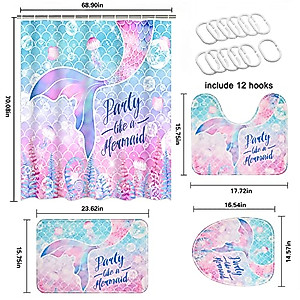 Likiyol 4 Pcs Mermaid Shower Curtain Sets with Non-Slip Rugs, Toilet Lid Cover and Bath Mat, Pink Girls Shower Curtain with 12 Hooks, Ocean Shower Curtains for Bathroom