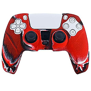 PS5 Controller Skin,Hikfly Silicone Cover for Sony PlayStation5 Controller Grip Skin Protector Faceplates Kits Video Games(2X Cover with 8 x Thumb Grips Caps)(CamoRed,CamoBlue)