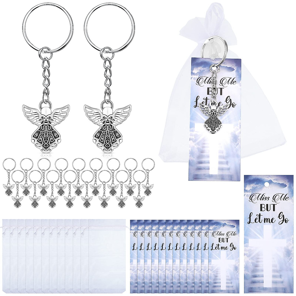 Nosiny 108 Pieces Funeral Favors Thank You Set Includes 36 Angel Keychains 36 Organza Bags 36 Miss Me But Let Me Go Prayer Cards Angel Charm Guest Gift for Celebration of Life Funeral Memorial Party